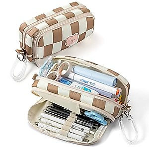 Joyask Large Capacity Canvas Pouch Storage Bag with Removable Spring Strap Checkerboard Plaid for Office Work Art (Brown White Plaid)
