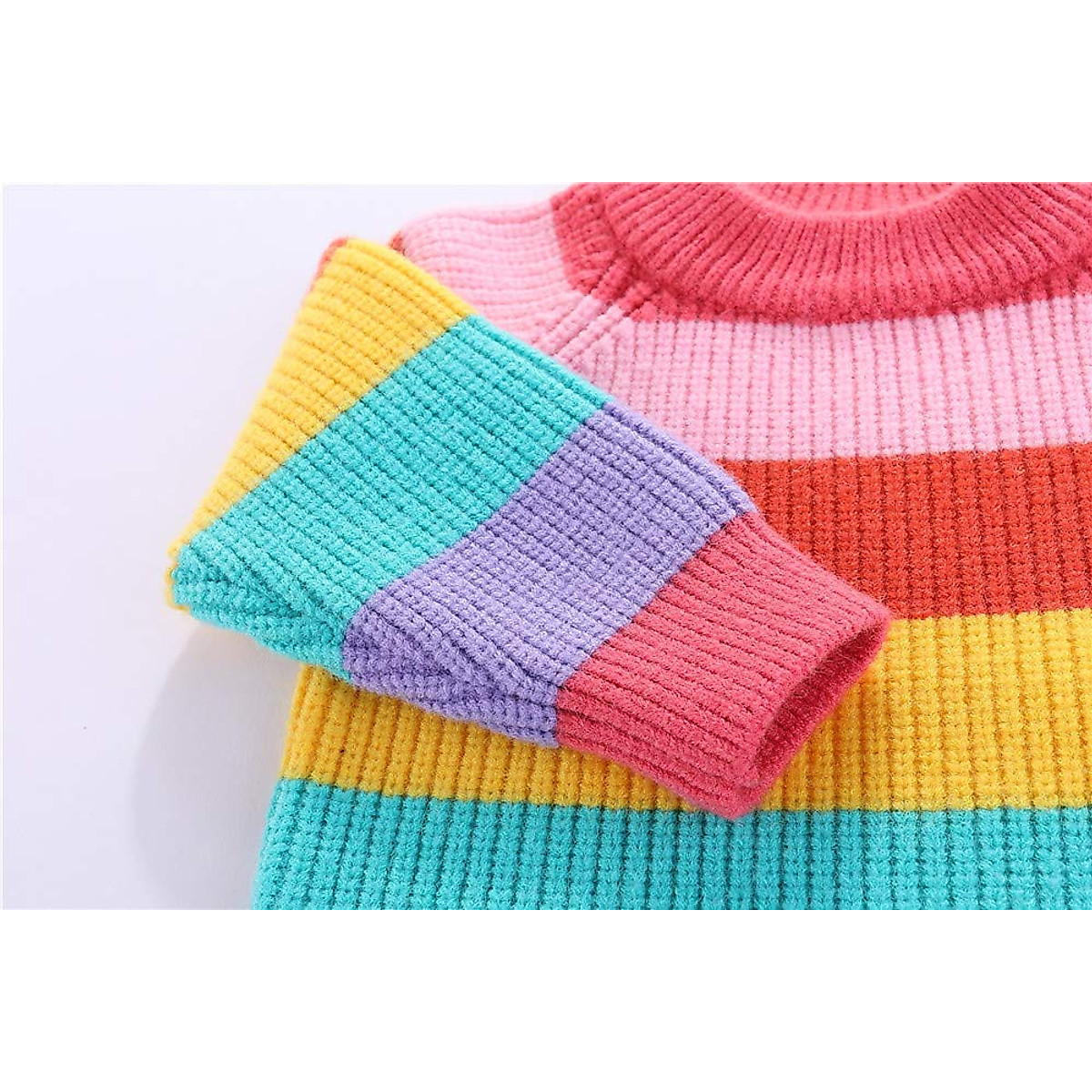Mud Kingdom Fall Tops Baby Boys Girls Rainbow Stripes Ribbed Knit Color Block Long Sleeve Sweater Pink 12-18 Months