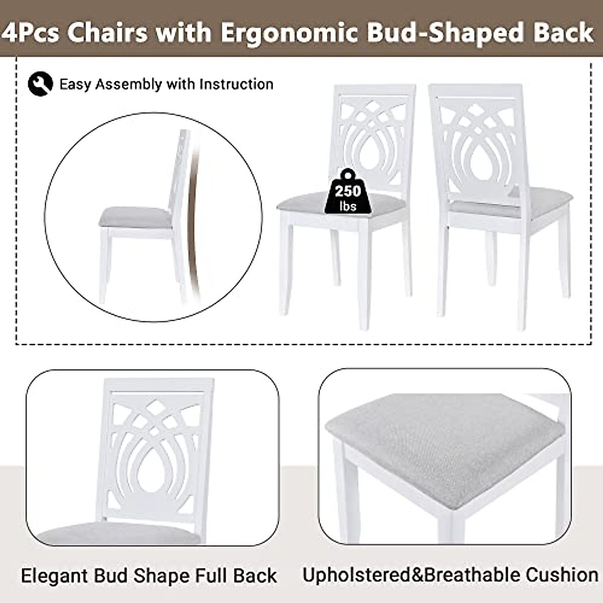 5-Piece Dining Table Set, Round Kitchen Table Set for 4, Extendable Kitchen Table Set with 4 Exquisite Upholstered Chair, Solid Wood Dining Furniture Set with Extendable Leaf for Small Places, White