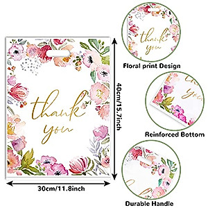 Whaline 48 Pack Thank You Bag with Die Cut Handle 4 Design Floral Theme Plastic Boutique Bags 12 x 16 Inch Bulk Thank You Gift Bags for Wedding Birthday Baby Shower Party Favors Shopping Retail