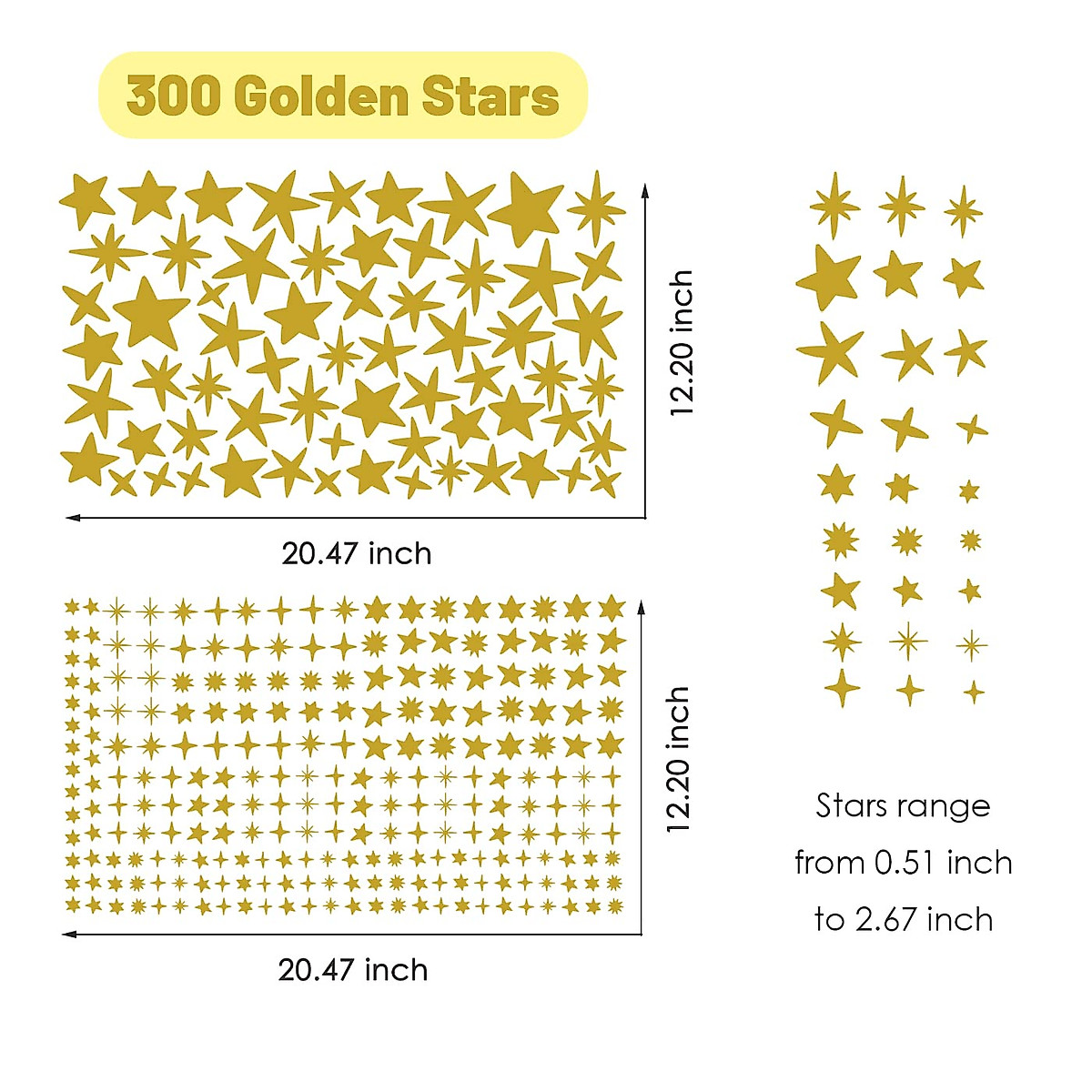 Gold Stars Wall Decals 300pcs Metallic Stars Stickers Sparkle Removable Peel and Stick for Nursery Art Fairy Room Decor Girls Bedroom