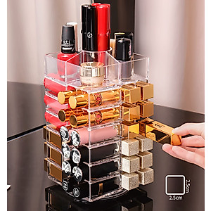 Sooyee Lipstick Organizer,53 Spaces 360 Degree Spinning Lipstick Holder,Acrylic Cosmetic Display Cases for Lipstick, Brushes, Bottles, and more,Clear