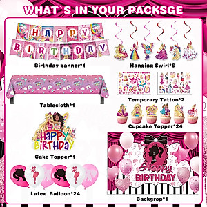 Pink Birthday Party Supplies, 60 Pcs Barbii Birthday Party Decorations Include Banners, Cake Topper,Cupcake Topper,Latex Balloon,Backdrop, Tablewares, Temporary Tattoo Stickers for Girls