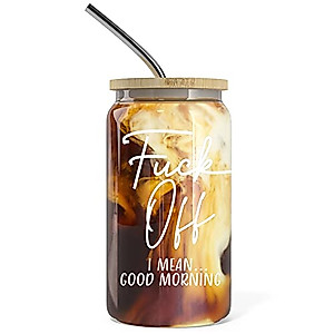 16 oz Iced Coffee Cup with Bamboo Lids and Straws | Mason Jar Cups & Iced Coffee Tumbler with Lid and Straw | Glass Cups for Iced Coffee, Boba Cup | Beer Can Glass & Smoothie Cup - Good Morning