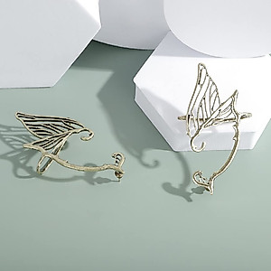 Jumwrit Elven Ear Cuffs Goth Elf Fairy Earrings Hollowed Ear Clips Fantasy Cosplay Earrings Cuff Wrap Earrings Vintage Stud Earrings（Gold）