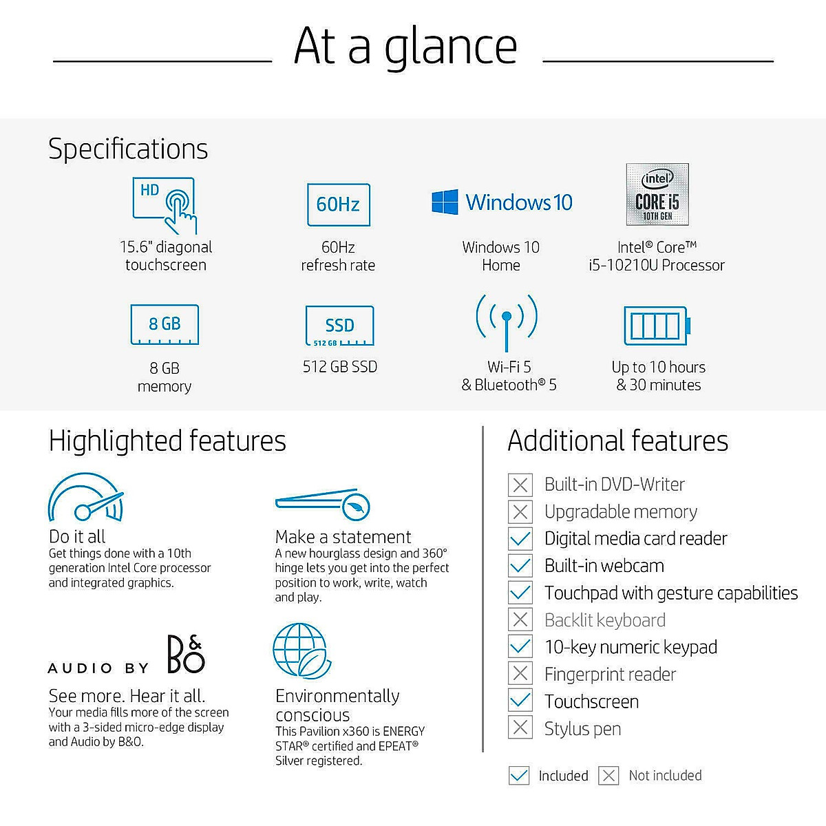 2020 HP Pavilion 15.6" 2-in-1 Convertible HD Touchscreen Laptop Intel Core i5-10210U 8GB DDR4 512GB M.2 SSD Windows 10