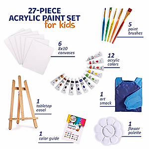27-Piece Acrylic Paint Set for Kids - 100% Cotton Canvases, Wood Easel, Brushes, Waterproof Smock, Mixing Palette - Portable and Easy Storage