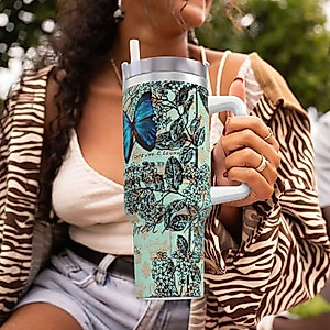 Xiexide 40oz Sweatproof Gifts Vintage French Dark Academia Cottage Butterfly Bird Double Walled Vacuum Insulatedith Handle And Straw,Hot & Cold Drinks