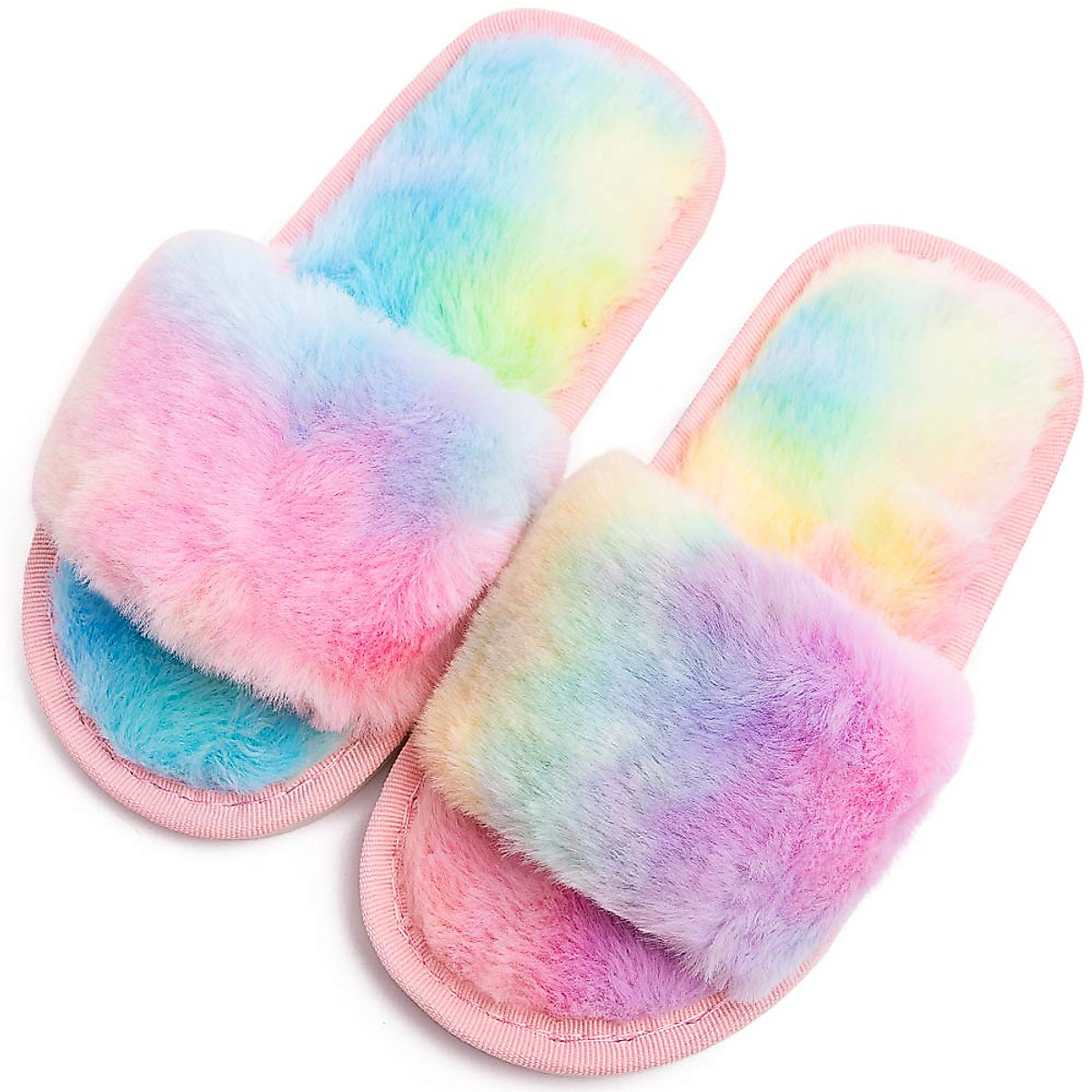 techcity Boys Girls Fuzzy House Slippers Cute Comfy Faux Fur Slip On Fluffy Plush Open Toe Home Slides for Kids Indoor Outdoor Warm Shoes (Rainbow, numeric_10)