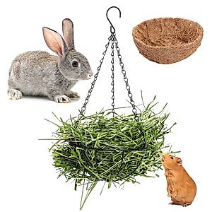 VCZONE Metal Frame Rabbit Hay Feeder with Hanging Basket, Timothy Hay and Coconut Fiber Nest, for Guinea Pig, Rabbit, Chinchilla