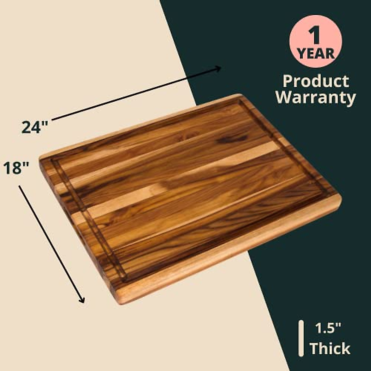 XXX-Large Edge-Grain Teak Wood Cutting Board, [24"L x 18"W x 1.5"T] Juice Groove, Reversible, Built-in Hand Grips by Shumaru California