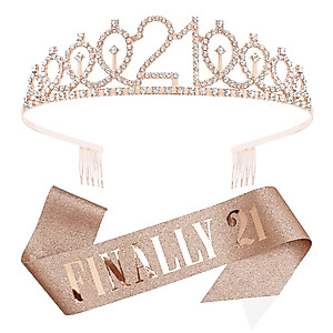 21st Birthday Crowns and Sashes for Women, Birthday Sash Princess Tiara Headband Elegant Rose Gold Crown with Combs for Girls Crystal Tiaras Birthday Headpieces for Party Hair Accessories Gifts