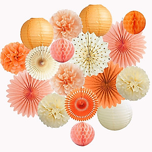 Orange Beige Peach Fall Boho Party Decorations Paper Pom Poms Paper Fans Paper Lanterns for Autumn Thanksgiving Harvest Birthday Baby Shower Bridal Shower Wedding Party Decor
