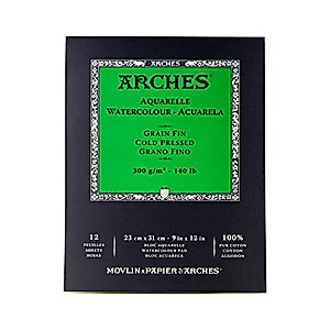Arches Watercolor Pad 9x12-inch Natural White 100% Cotton Paper - 12 Sheet Arches Watercolor Paper 140 lb Cold Press Pad - Arches Art Paper for Watercolor Gouache Ink Acrylic and More