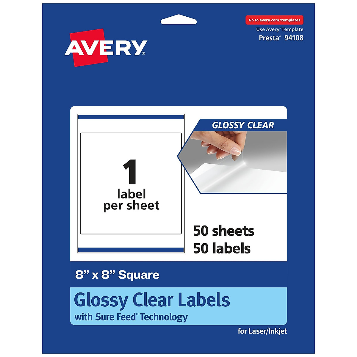 Avery Glossy Clear Square Labels with Sure Feed, 8" x 8", 50 Glossy Clear Labels, Laser/Inkjet Printable Labels