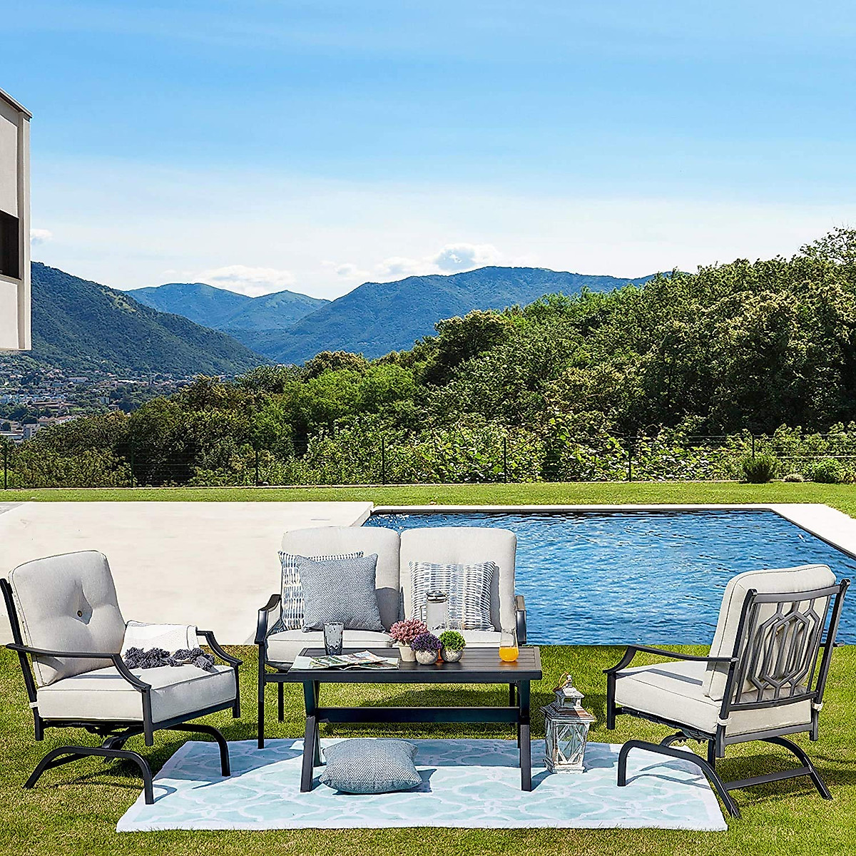 Kamont 4 PCS Patio Furniture Conversation Set Outdoor Furniture Set Metal Chairs w/All Weather Cushioned Love Seat,Poolside Lawn Chair,Coffee Table (Beige)