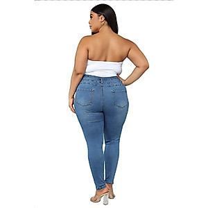 ALLABREVE Women's Plus Size Stretch Skinny Ripped Jeans, 3 Button Hight Rise Slim Fit Washed Denim Jegging, Girlfriend Distressed Tight Jean Pants (Dark Blue, 2XL)