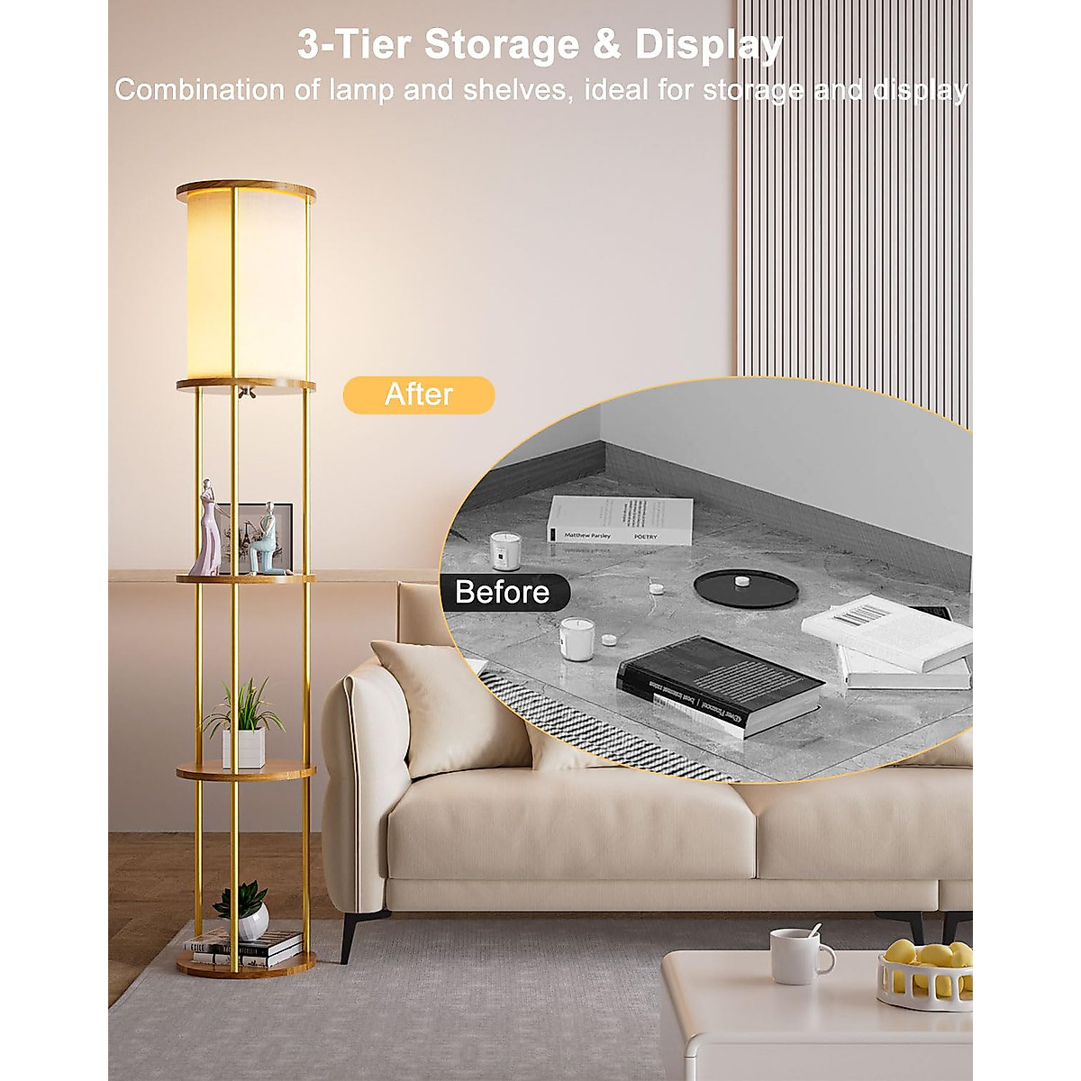 Floor Lamp with Big Shelves,3-Tier Golden Cylinder Shelf Floor Lamps with 3000K Warm Soft Brightness E26 LED Bulb (Included), Linen Shade Storage Wood Texture Modern Floor Lamp with Foot switch