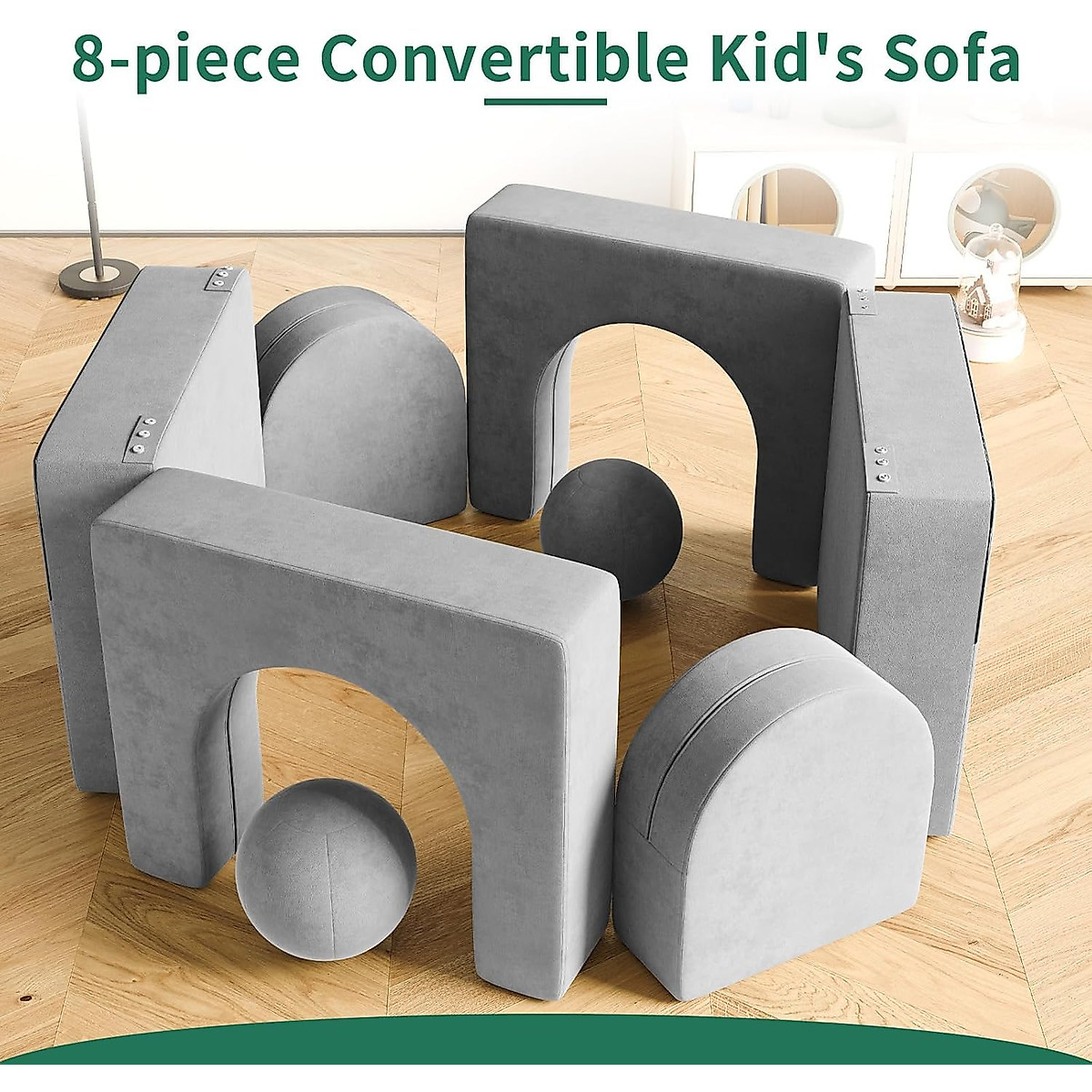 8 Pcs Kids Couch, Modular Kids Play Couch, Fold Out Toddler Couch Building Fort with Balls for Playroom, Convertible Kids Floor Sofa and Foam Couch for Boys and Girls, 30+ Creativity - Grey