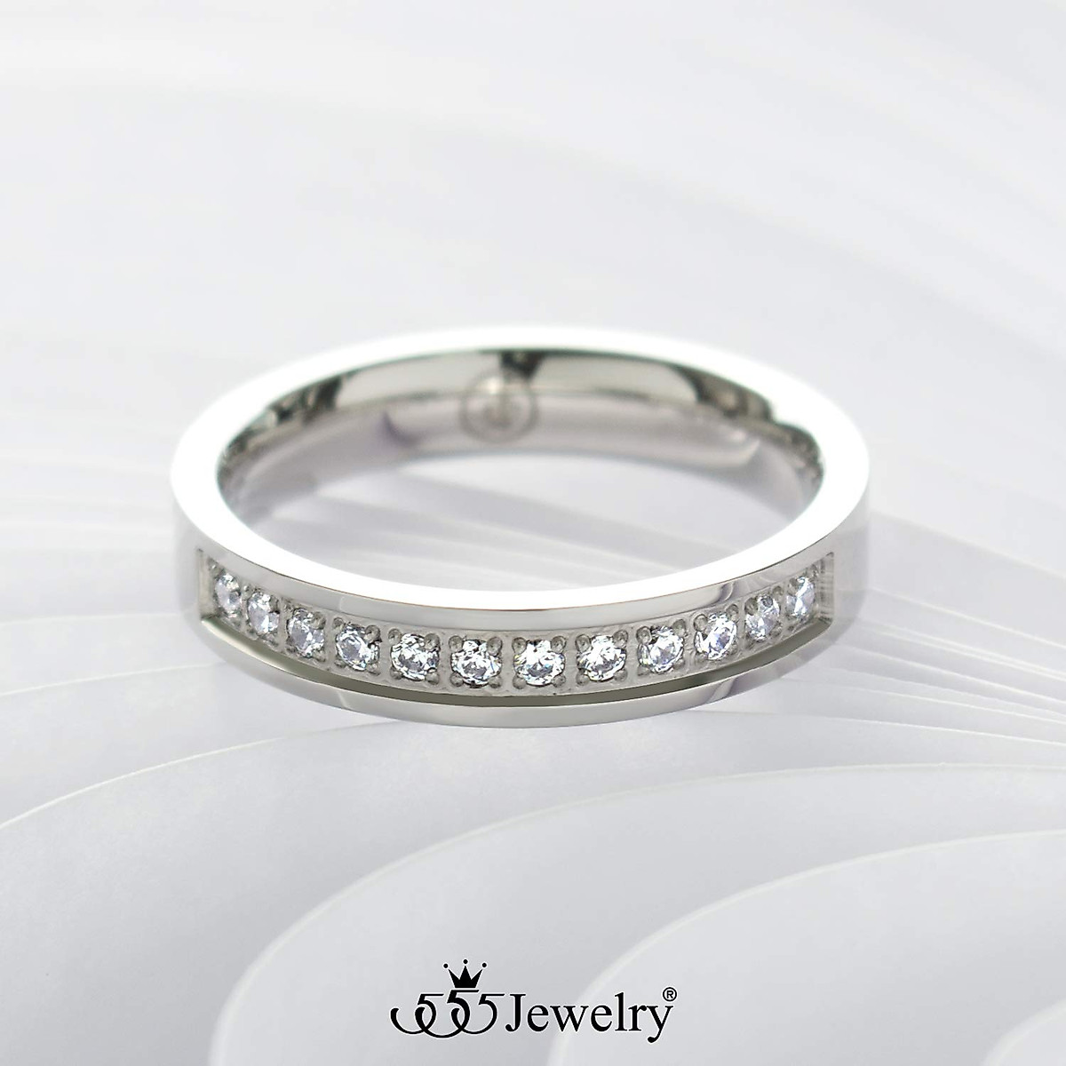 555Jewelry Womens Stainless Steel Real Solid Cubic Zirconia CZ Diamond Sparkle Shiny Engagement Wedding Promise Fashion Band Classic Jewelry Band Ring, Silver Size 6