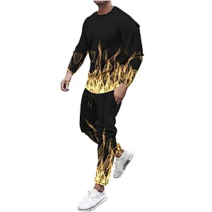 men's tracksuit 11 pieces long sleeve sets Men's Athletic 2 Pieces Tracksuit Casual 3D Flame Print Pullover Crewneck Sweatshirts Loose Sports Sweatpant Set Yellow L