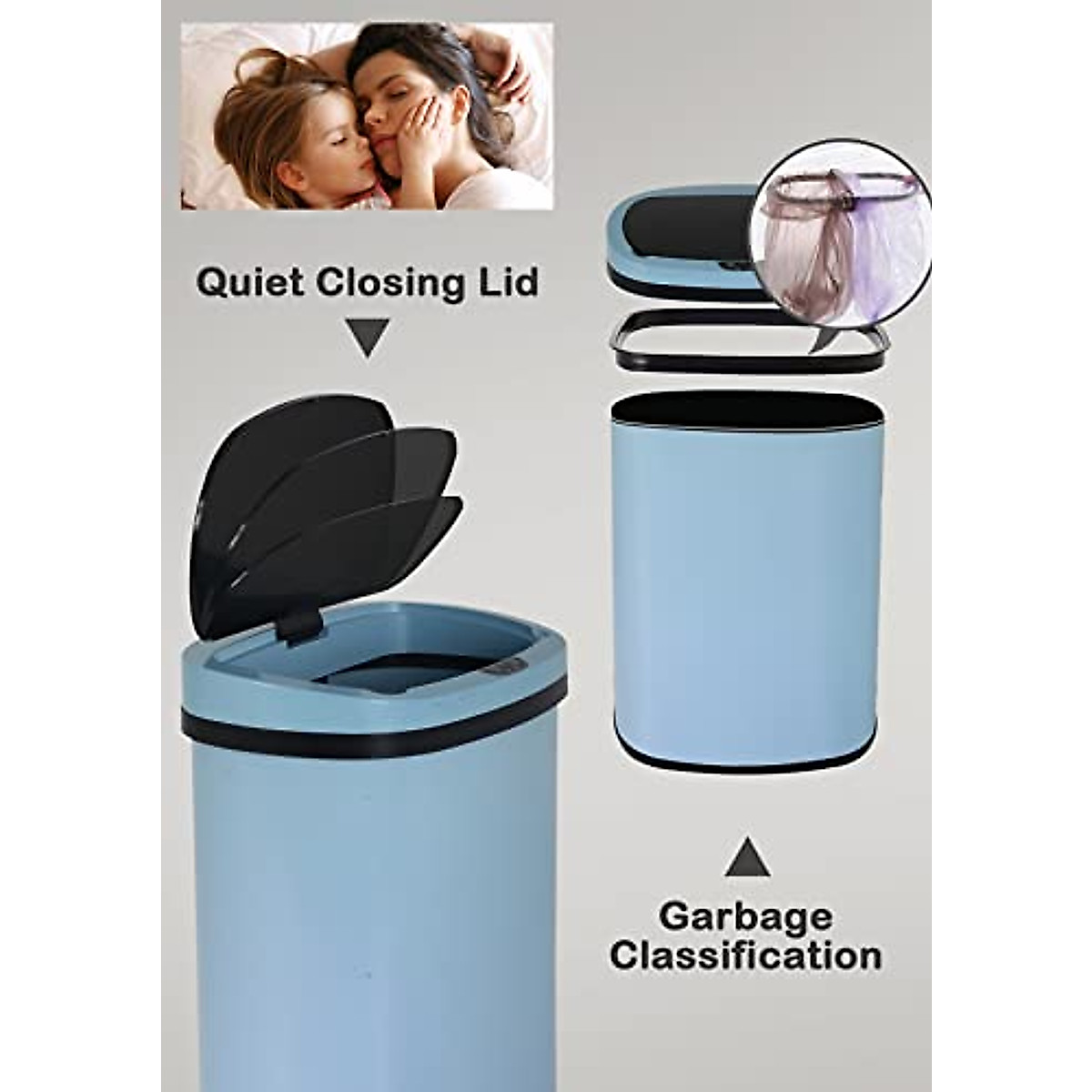 BIQWBIC 13 Gallon Automatic Trash Can with Lid, Large Stainless Steel Kitchen Trash Can Motion Sensor Garbage Can Touch Free Trash Cans for Kitchen, Office, Living Room, Toilet, Bedroom (Blue)