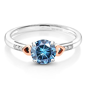 Gem Stone King 925 Silver and 10K Rose Gold Persian Blue Moissanite and White Diamond Solitaire Engagement Ring For Women (1.03 Cttw, Round 6.5MM, Gemstone Birthstone, Size 6)