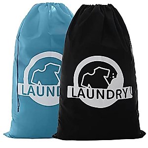 Dirty Laundry Travel Bag - Extra Large Heavy Duty Dirty Clothes Bag for Traveling, 2 Pack XL Machine Washable Camp Drawstring Laundry Bags（Blue and Black）