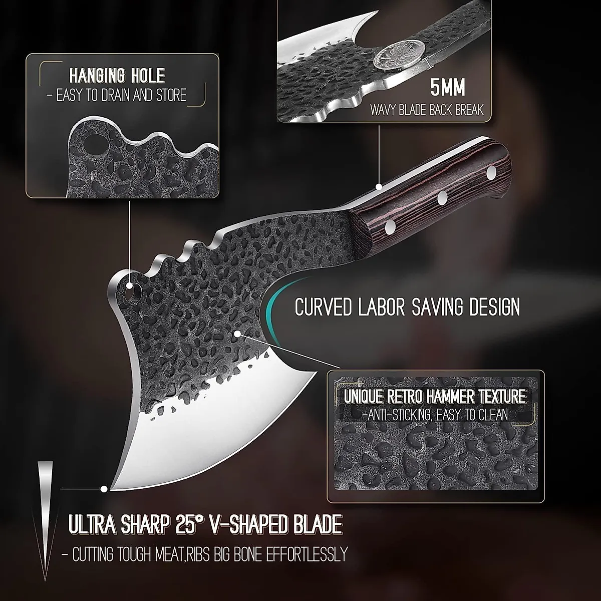 Handmade Meat Bone Cleaver Knife, Hand Forged Butcher Knife Axe, Heavy Duty Full Tang Bone Chopper Axe For Kitchen Outdoor BBQ, High C