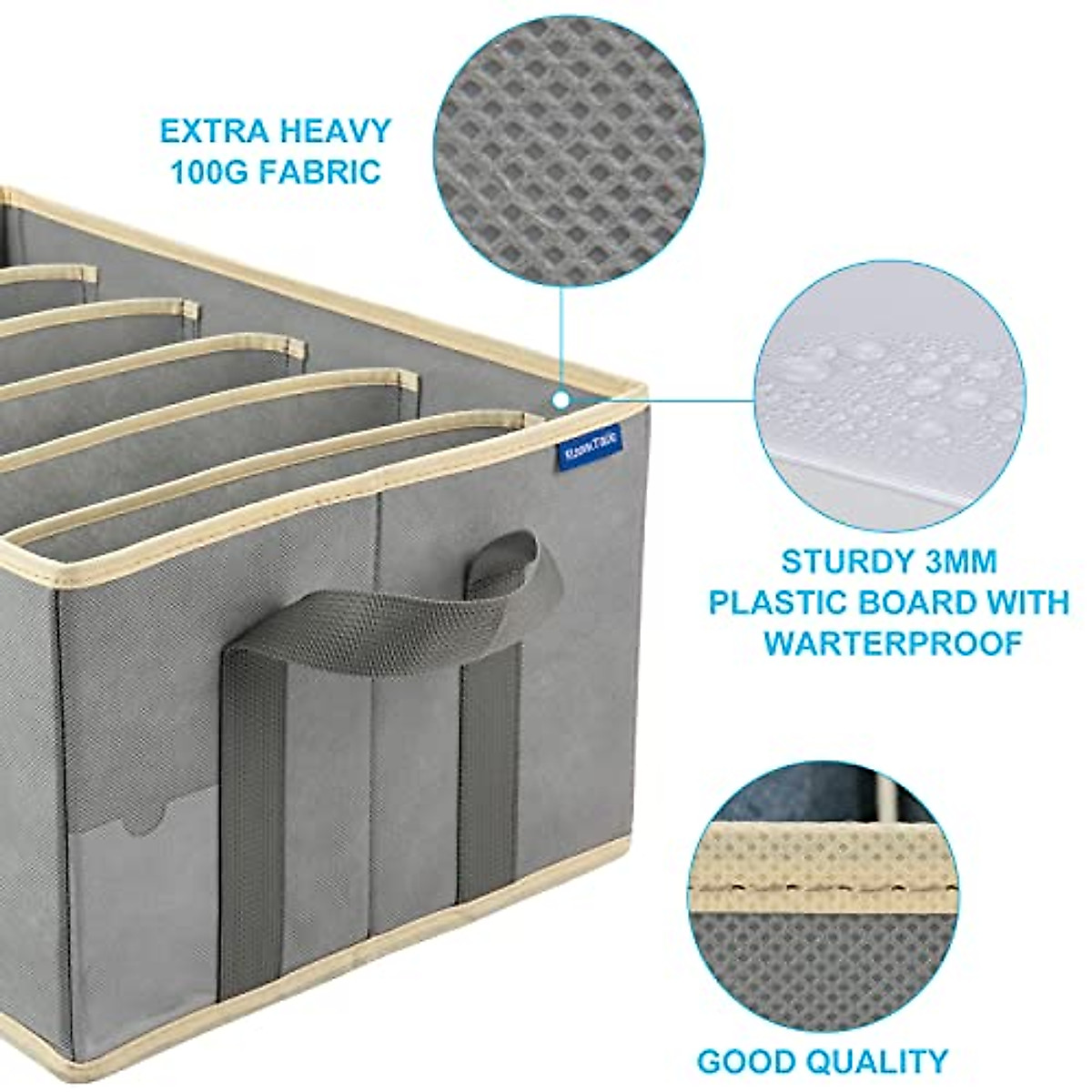 roomtalk Wardrobe Clothes Organizer for Jeans & Pants 6-Grids, Clothes Organizer for Folded Clothes with Double Handles & Label Pocket, 11.8" W x 16.5" D x 7.9" H, 2 Pack Grey.