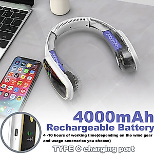 Portable Neck Fan，4000mAh USB Rechargeable Personal Fan,3 Speeds 83 Air Outlet 360° Cooling Wearable Fan，Hand-free Neck Fan with Led screen for Women, Men, Office, Travel, Outdoor