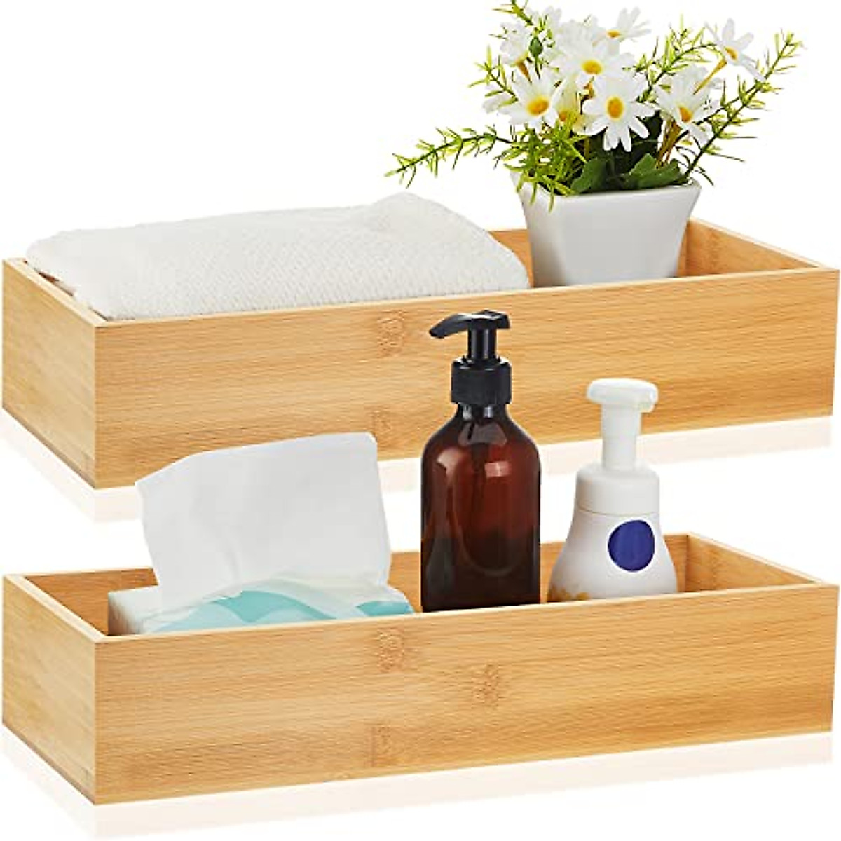 2 Pcs Bamboo Bathroom Tray Toilet Paper Storage Toilet Tank Tray Toilet Tissue Holder Organizer Box Basket with Silicone Slip Resistant at 4 Corners for Toilet Tank Bathroom Kitchen Counter
