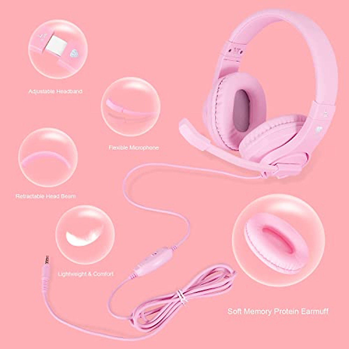 Gaming Headset for PS5,PS4,Xbox,PC, Kids Headphones with Mic for School Supplies,Pink Headphones Wired for Girls,Headset for Nintendo Switch,Pink Headset (Pink)