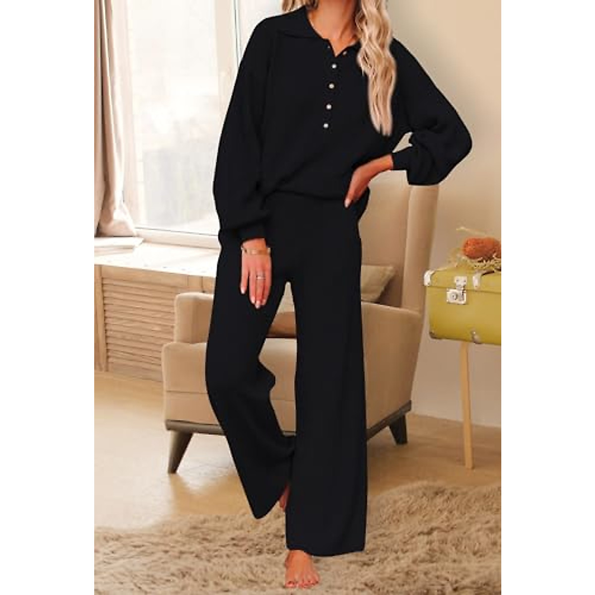 Pink Queen Women's 2 Piece Workout Set V Neck Button Pullover Sweater Top Wide Leg Pants Loungewear Sweatsuits Black L