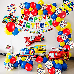MOVINPE Transportation Birthday Decoration for Boys Happy Birthday Banner Cars School Bus Train Fire Truck Motorcycle Plane Foil Balloons Transport Vehicles Cake Topper Kids 2nd Birthday Decor