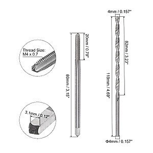 uxcell Tap & Bit Sets, M4 x 0.7 H2 Straight Flute Machine Thread Milling Tap 80mm Extra Long, 4mm High Speed Steel (HSS) Twist Drill Bit