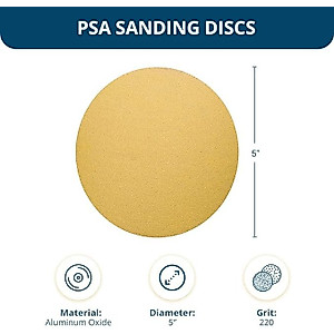 Benchmark Abrasives PSA Gold 5 Inch Self Adhesive Sanding Discs w/Aluminum Oxide Grains DA Sandpaper - 5 Inch Sanding Discs Roll - Surface Blending, Automotive, Orbital Sanders (100 Discs), 220 Grit