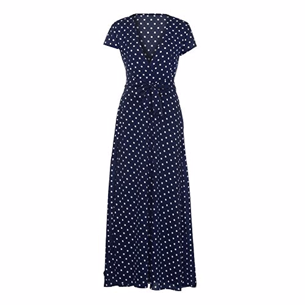 XIMIN Women's Fashion Casual Short Sleeve V-Neck Low Cut Printed Polka Dot Dress Beach Maxi Dress (Navy, Size:XXXXXL)