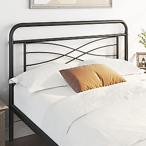 Yaheetech Queen Bed Frames Metal Platform Bed Mattress Foundation with Criss-Cross Design Headboard, Ample Underbed Storage Space, Heavy Duty Slat Support, No Box Spring Needed, Queen Size Black