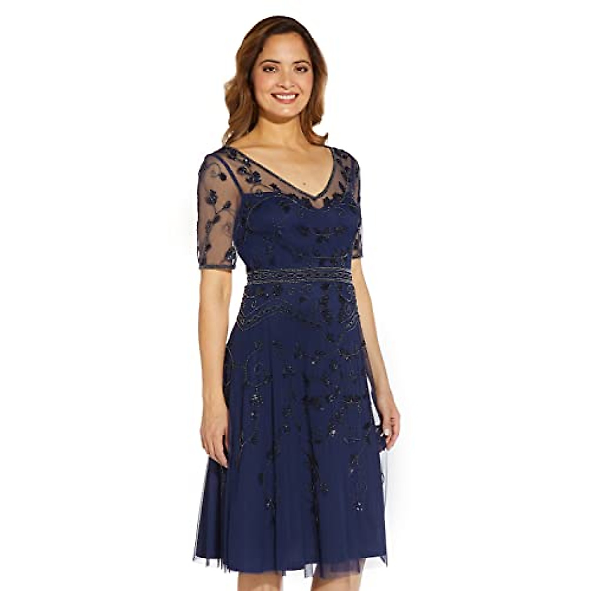 Adrianna Papell Women's Beaded MIDI Dress, Light Navy, 6