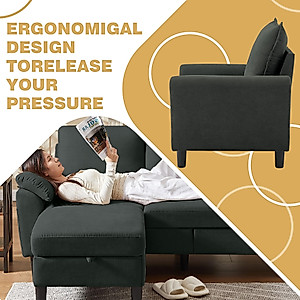 Chireca Sectional Sofa Set of 79.5" Convertible Sofa & Accent Chair, Small L Shaped 3 Seat Couch with Reversible Ottoman, Modern Linen Sofa Couch for Living Room, Office, Apartment, Black