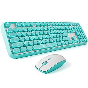 FOPETT Wireless Keyboard and Mouse Combo, 104 Keys Full-Sized 2.4 GHz Round Keycap Colorful Keyboards, USB Receiver Plug and Play, for Windows, Mac, PC, Laptop, Desktop - Grey Colorful (Blue)