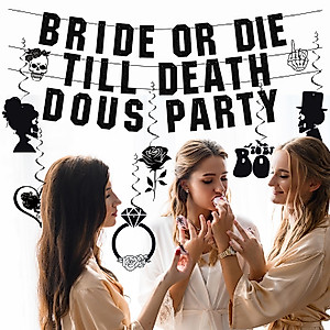 Till Death Do Us Party Bachelorette Decorations, Pre-assembled Black Glitter Bride Or Die Till Death Do Us Party Banner and 8pcs Hanging Swirl, Bride Or Die Bachelorette Party Decorations