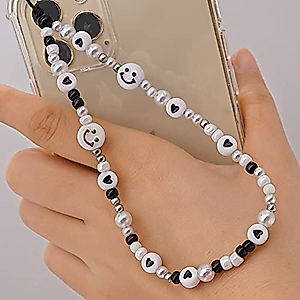 SYSUII Beaded Mobile Phone Lanyard Wrist Strap, Kawaii Smiley Face Star Rainbow Acrylic Polymer Clay Pearl Phone Charm Chain String Hanging Cord for Women Girl