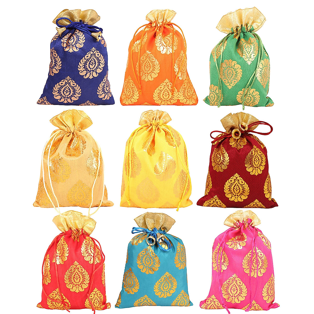 Touchstone Drawstring Bags Traditional Indian Handcrafted in Ficus Leaf Pattern Brocade Fabric. Perfect for Gifts Jewelry Weddings Sweet Distribution Set of 9 Vibrant Multicolor Pouches Purses Potli.