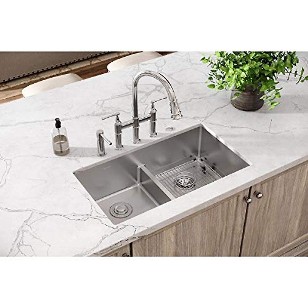 Elkay Crosstown ECTSRA33229TBG5 Equal Double Bowl Dual Mount Stainless Steel Kitchen Sink Kit with Aqua Divide