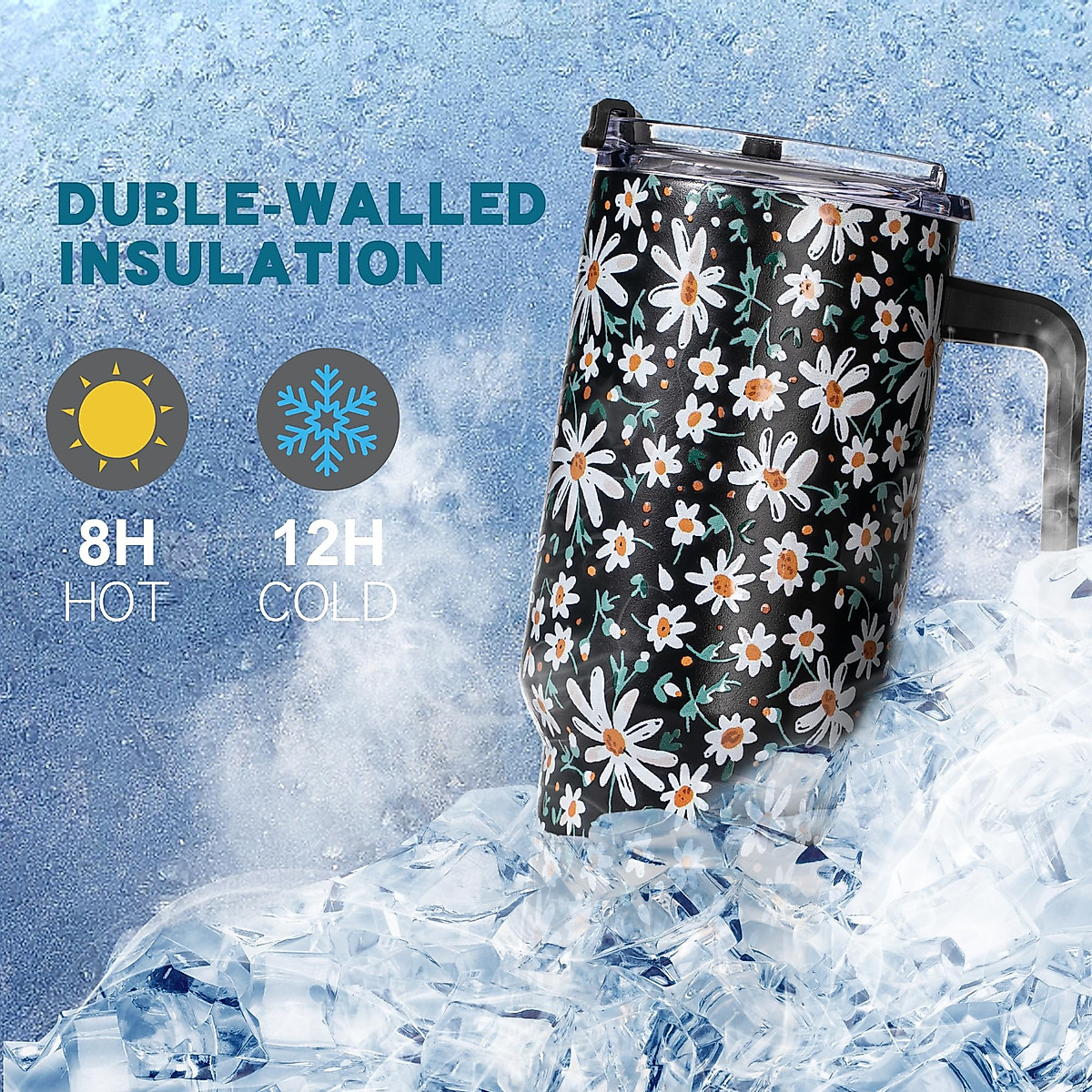 Daisy Gifts for Women – 40oz Insulated Tumbler with Handle & Straw, Floral Stainless Steel Cup, Birthday & Mother’s Day Gift for Mom, Sister, Best Friend, Teacher, Nurse