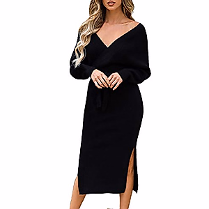 Viottiset Women's V Neck Batwing Long Sleeve Sexy Slim Elegant Open Back Wrap Bodycon Holiday Slit Long Maxi Knit Sweater Dresses with Belt Black X-Large