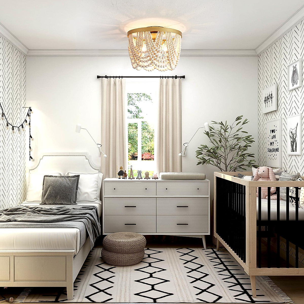 MZMHD Boho Wood Beaded Semi Flush Mount Ceiling Light Fixture,3-Light Gold Metal Mini Chandeliers,Bohemia Small Chandelier for Bedroom,Nursery Room,Entryway,Hallway,Passway,Dining Room