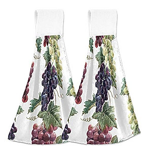 Red White Black Grapes with Green Leaves On White 2 Pcs Hanging Kitchen Hand Towels, Hanging Tie Towels with Hook & Loop Dishcloths Sets, Decorative Absorbent Tea Bar Bath Hand Towel